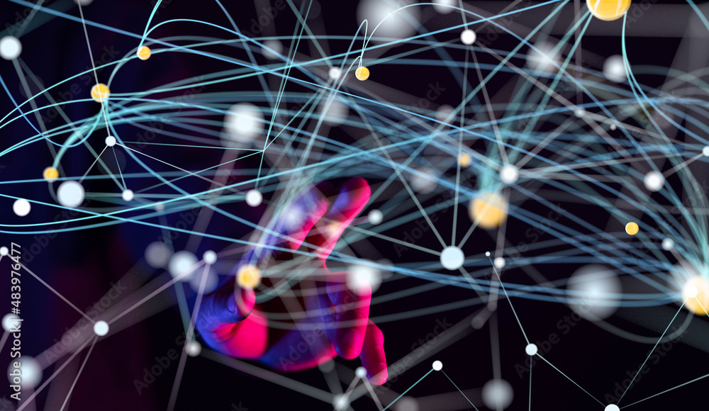 Global network. Blockchain. 3D illustration. Neural networks and ...