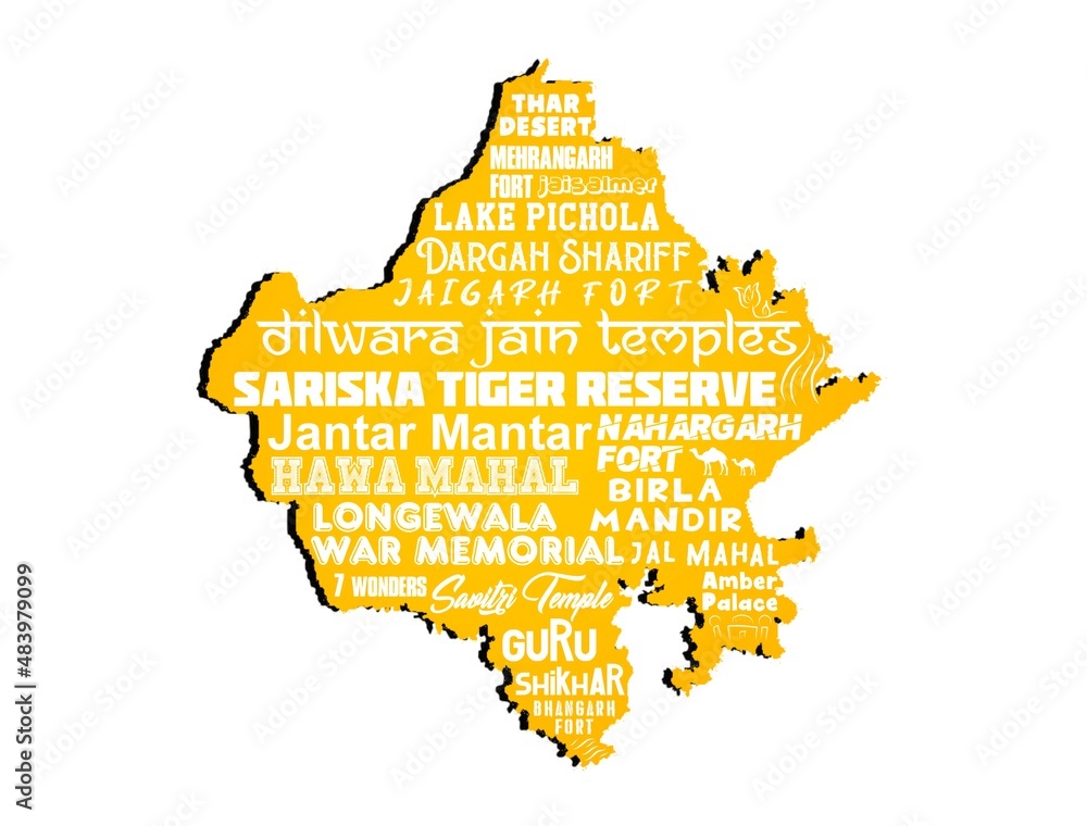 Rajasthan 3D Map with famous monuments and tourist locations engraved ...