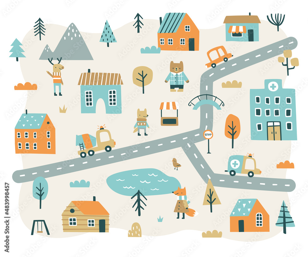 Cute little town map with dressed animals. Doodle cityscape for nursery ...