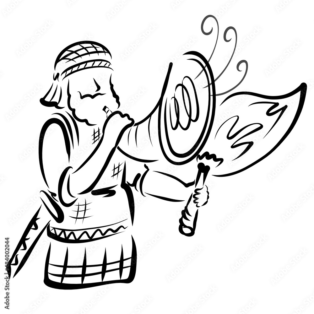 Biblical hero Gideon blows a horn with a burning torch in his hand ...
