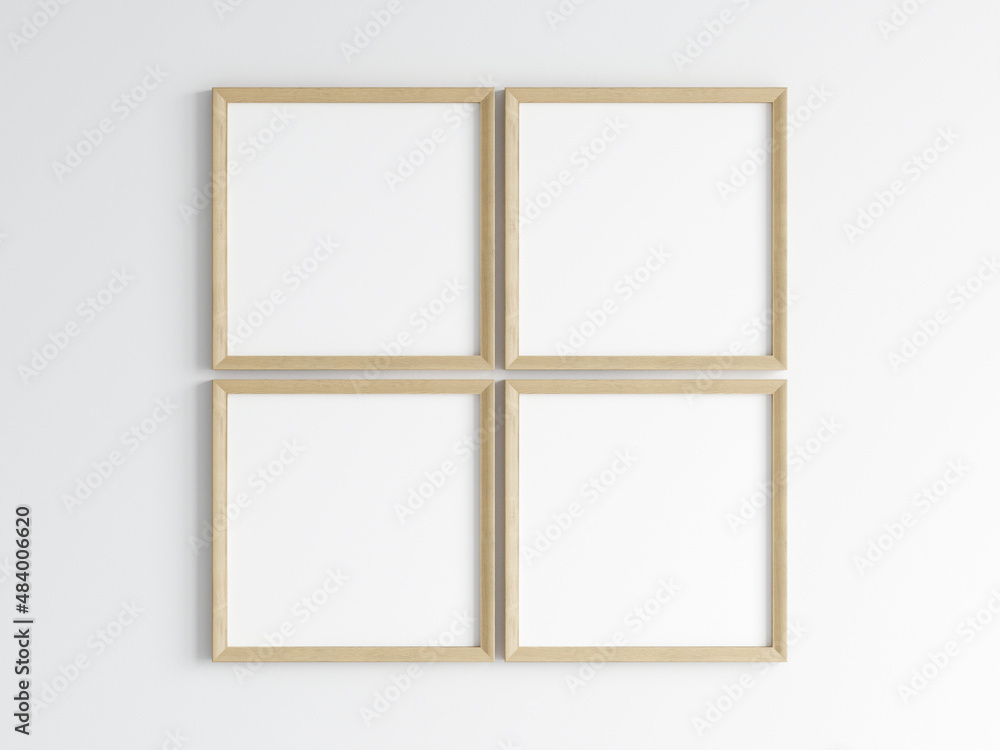 Four square wooden frames on the wall, poster mockup, print mockup, 3d ...