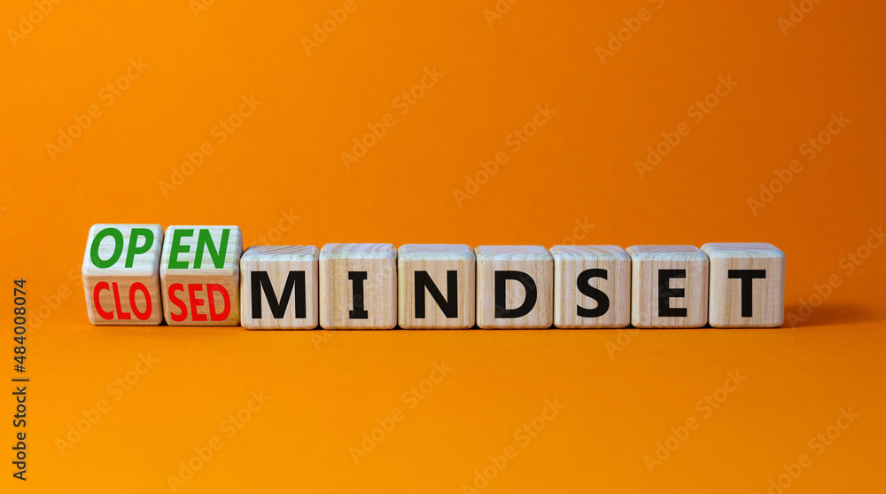 Open or closed mindset symbol. Turned wooden cubes and changed concept ...