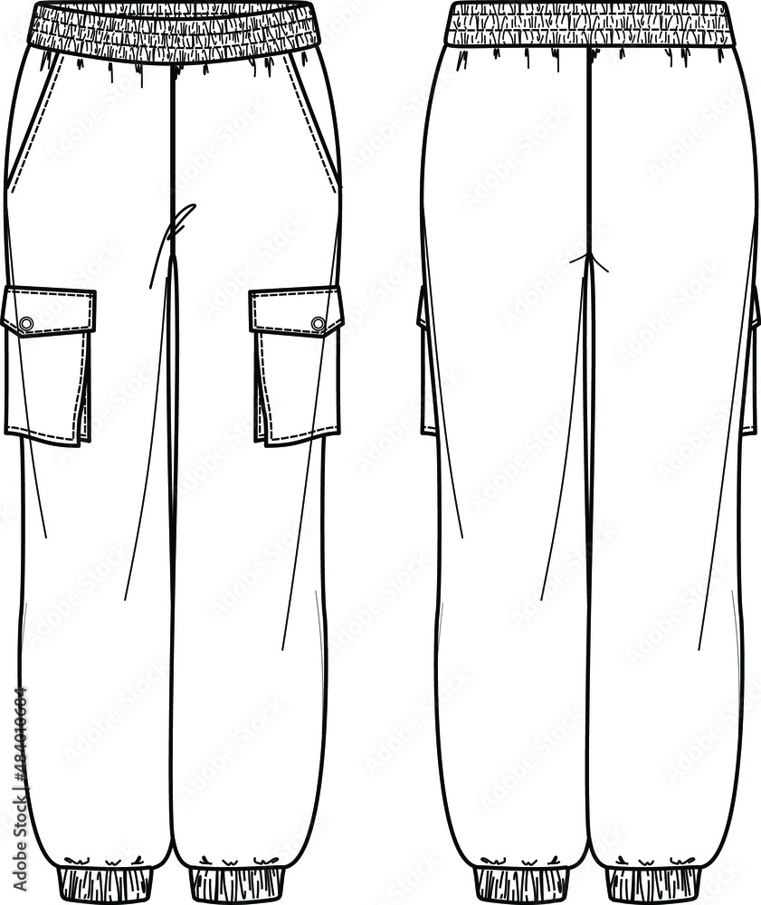 Vector woman fleece jogger technical drawing, utility style pants with ...