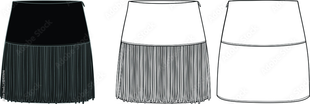 Vector mini skirt fashion CAD, woman fringe detailed skirt technical ...