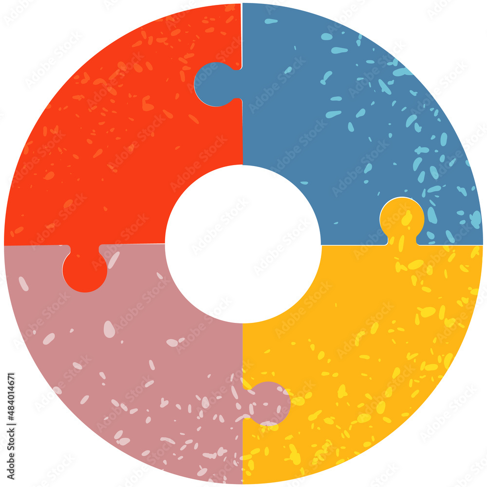 Four part circular puzzle diagram vector illustration. Colored round ...