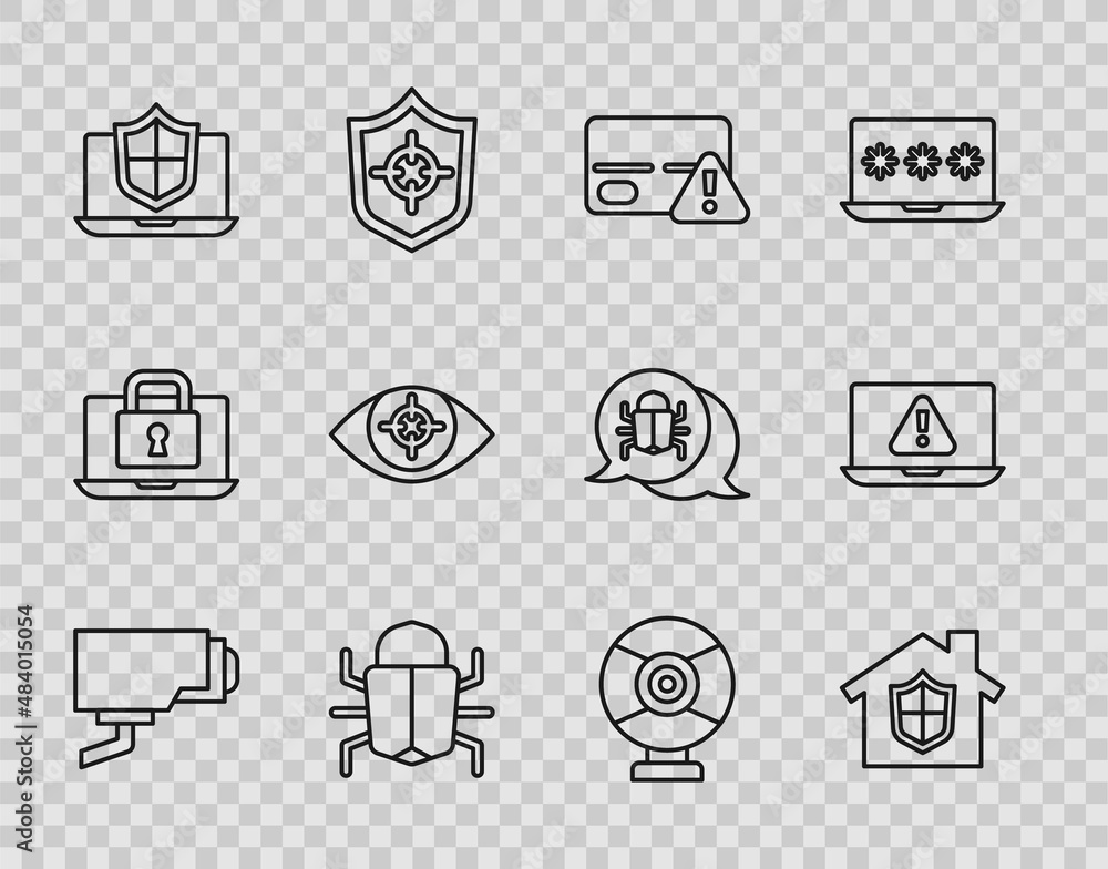 Set line Security camera, House under protection, Credit card, System bug, Laptop protected with ...