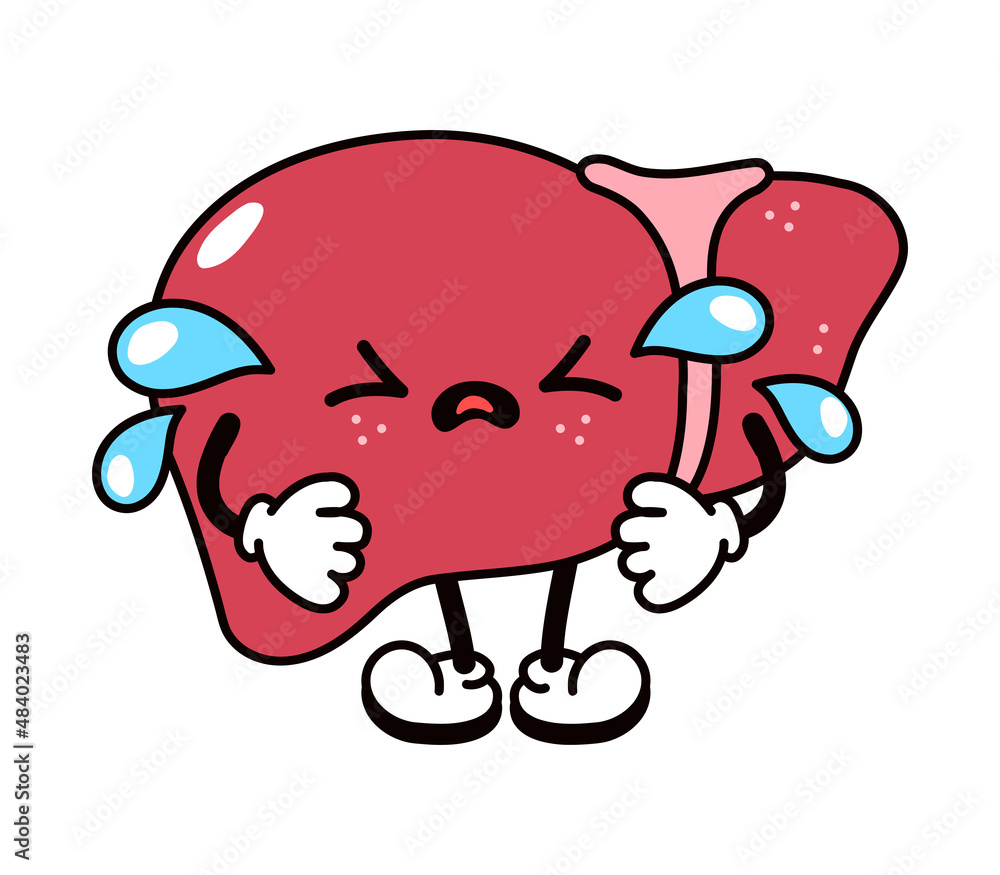 Cute funny crying sad liver character. Vector hand drawn traditional ...