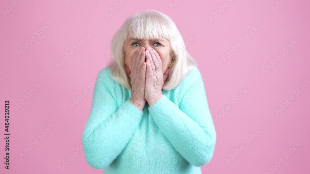 Shocked old lady look horrible novelty isolated pastel color background ...