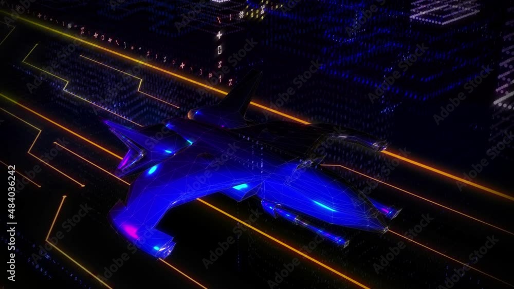 High tech plane is travelling through cyber reality. High tech plane is ...