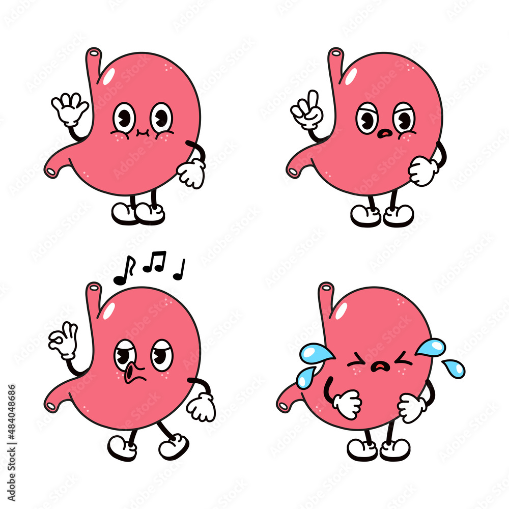 Funny cute stomach characters bundle set. Vector hand drawn doodle ...