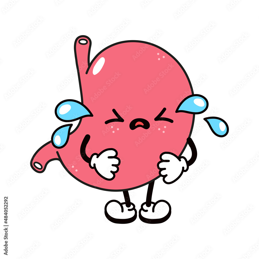 Cute funny crying sad stomach character. Vector hand drawn traditional ...