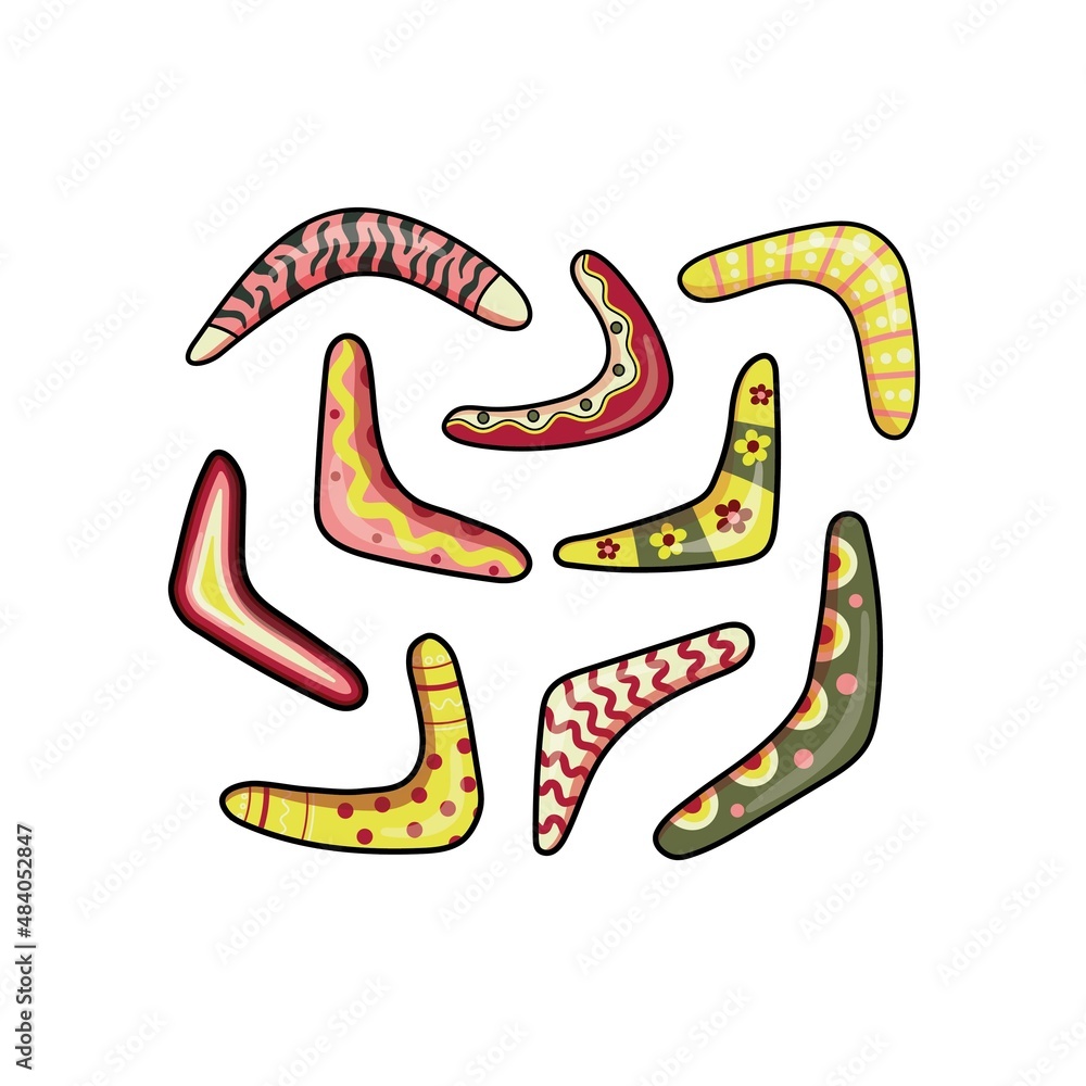 Australian aboriginal boomerang weapon cartoon bright icons set, flat ...