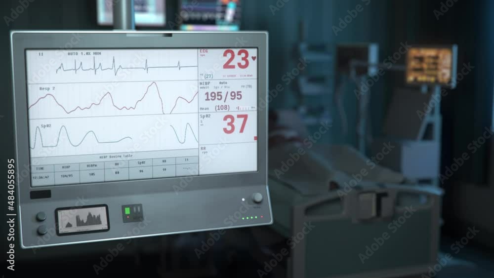 Health examination equipment is showing a flatline signifying the ...