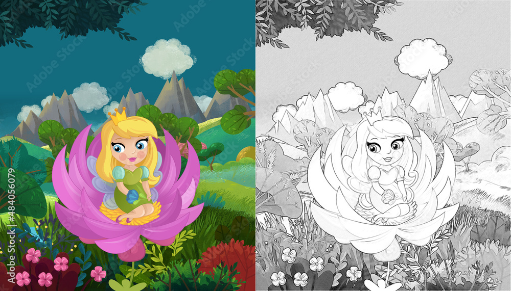 cartoon happy fairy tale scene nature forest and funny elf and sketch ...