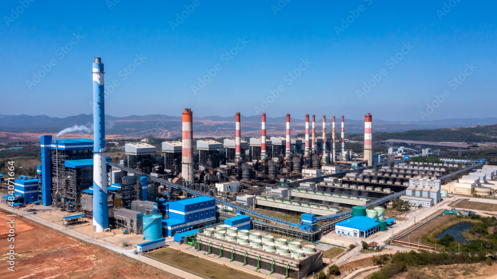 Aerial view Coal-fired power plants with blue sky background, coal ...