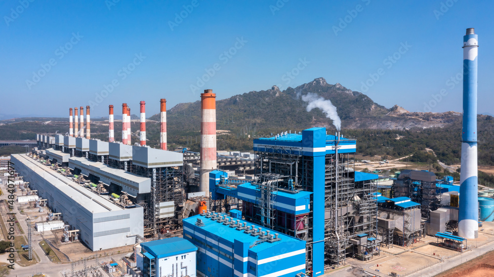 Aerial view Coal-fired power plants with blue sky background, coal ...