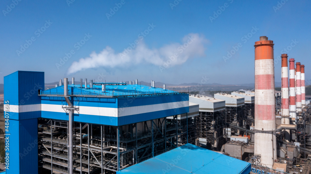 Aerial view Coal-fired power plants with blue sky background, coal ...