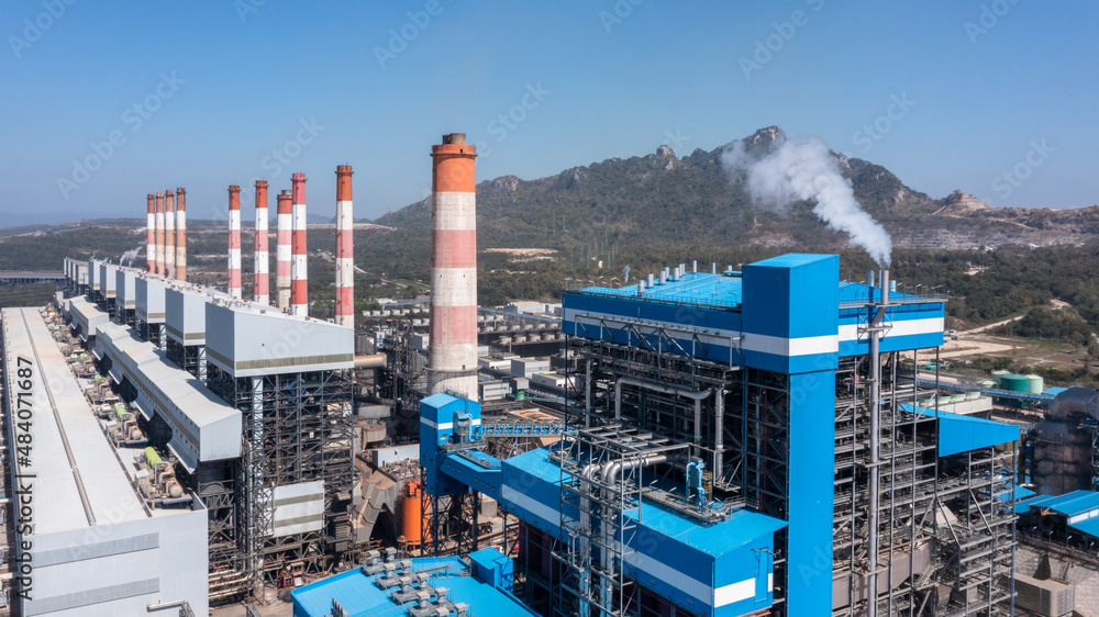 Aerial view Coal-fired power plants with blue sky background, coal ...
