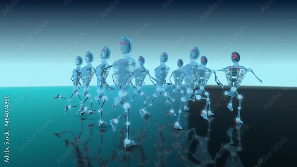 Seamless looping 3d animation of a group of blue wireframe robots ...