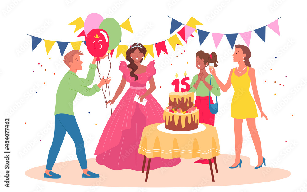 Birthday party celebration for teen princess vector illustration ...