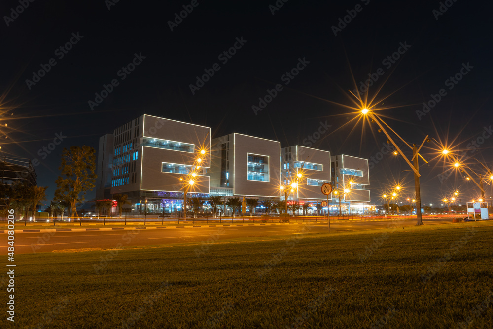 DOHA, QATAR - JANUARY 31, 2022: View of the 2022 building at night ...