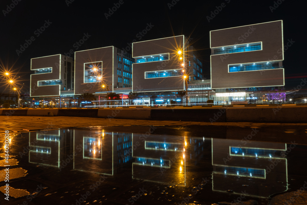 DOHA, QATAR - JANUARY 31, 2022: View of the 2022 building at night ...