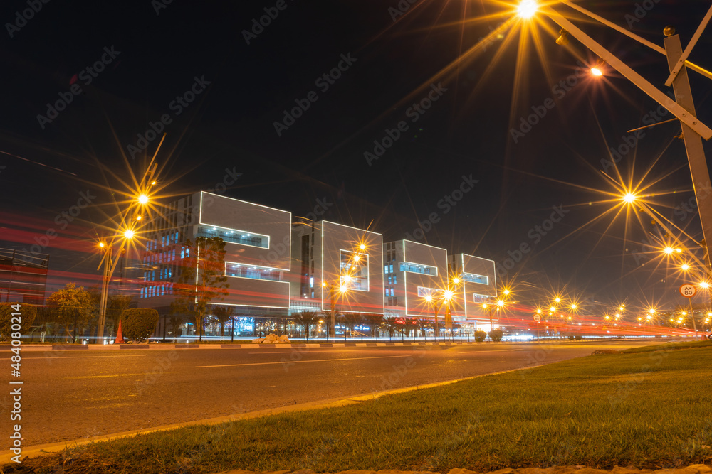 DOHA, QATAR - JANUARY 31, 2022: View of the 2022 building at night ...