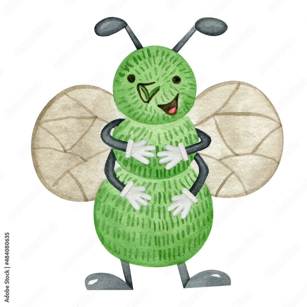 Watercolor cute cartoon fly boy character. Insect hand drawn ...