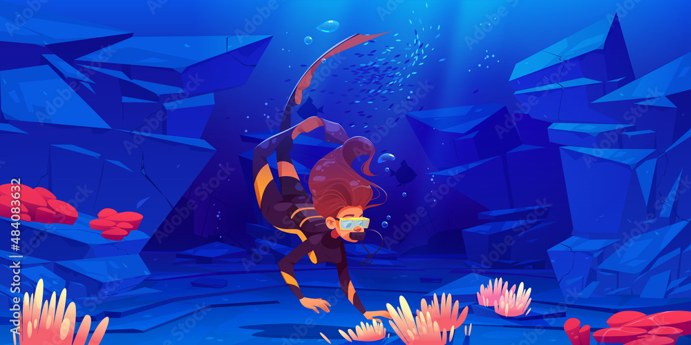 Young woman scuba diver explore sea bottom with seaweeds and corals ...