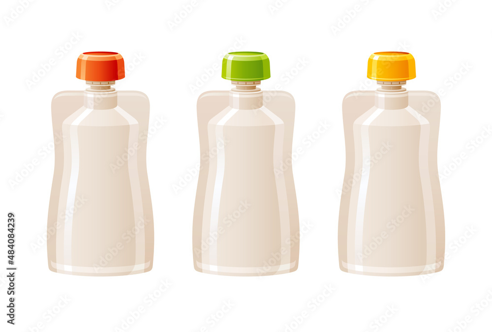 Pouch package. Baby food pack bag. Blank mockup, pouch with lid cap ...