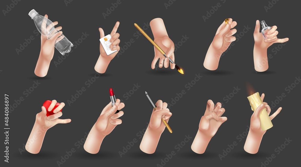 Set of cartoon 3d hands with objects: brush, pencil, lipstick, heart ...