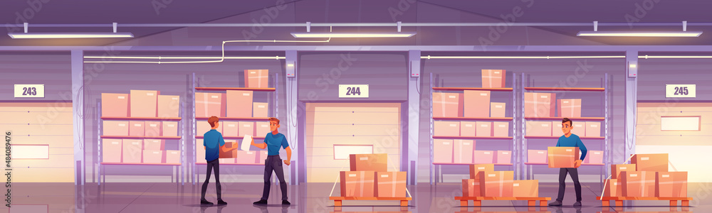 Warehouse with workers, cardboard boxes on shelves and pallets. Vector ...