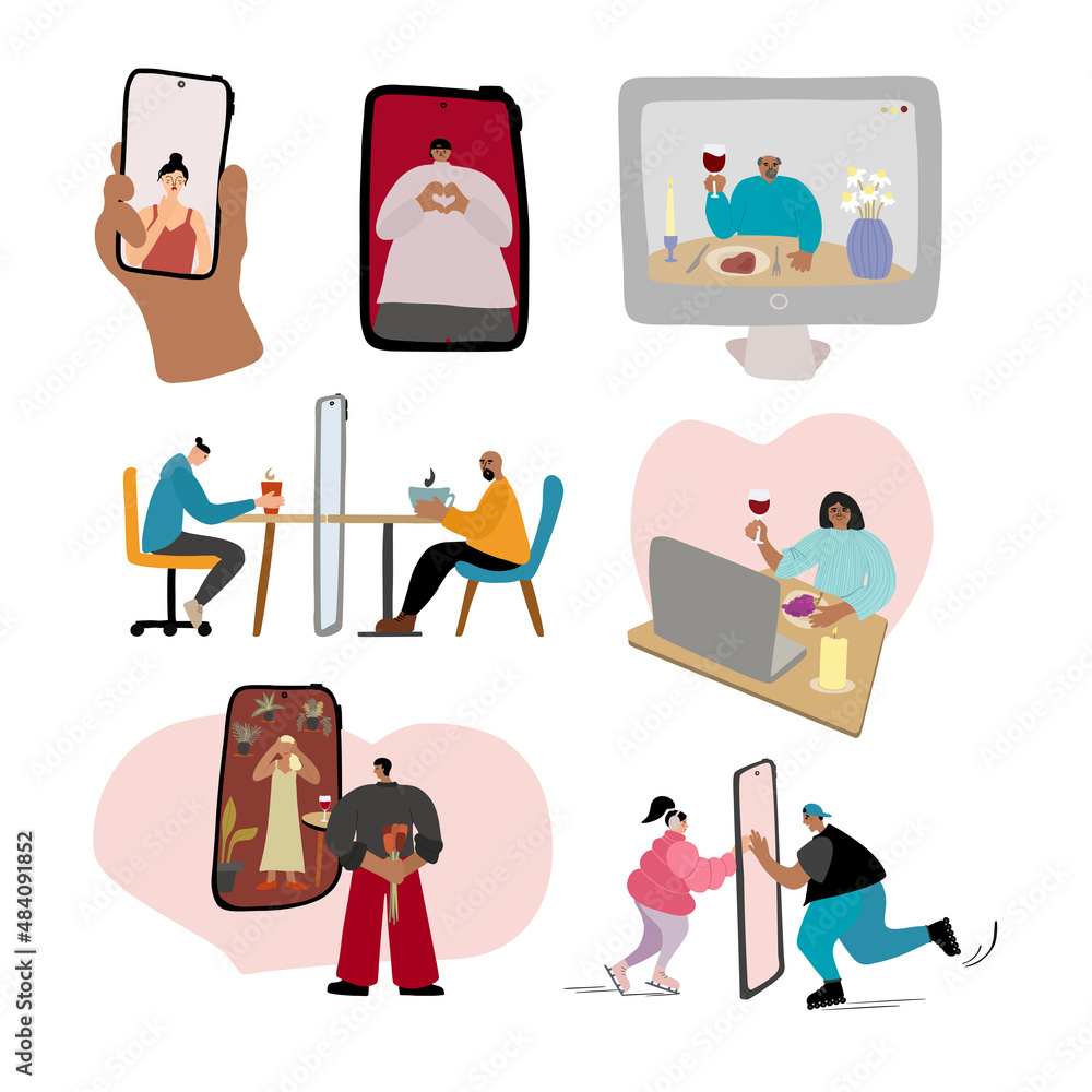 Set of concept illustration about online date. Young mans, old mans and ...