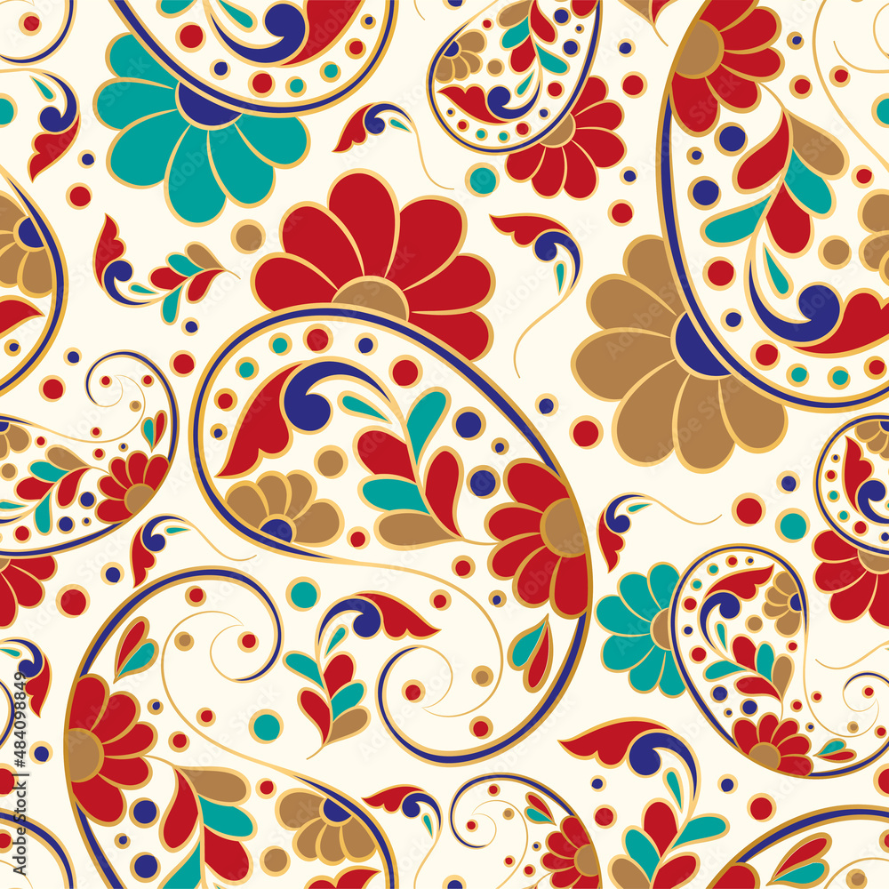 Blue, red and green Turkish seamless pattern with luxury floral ...