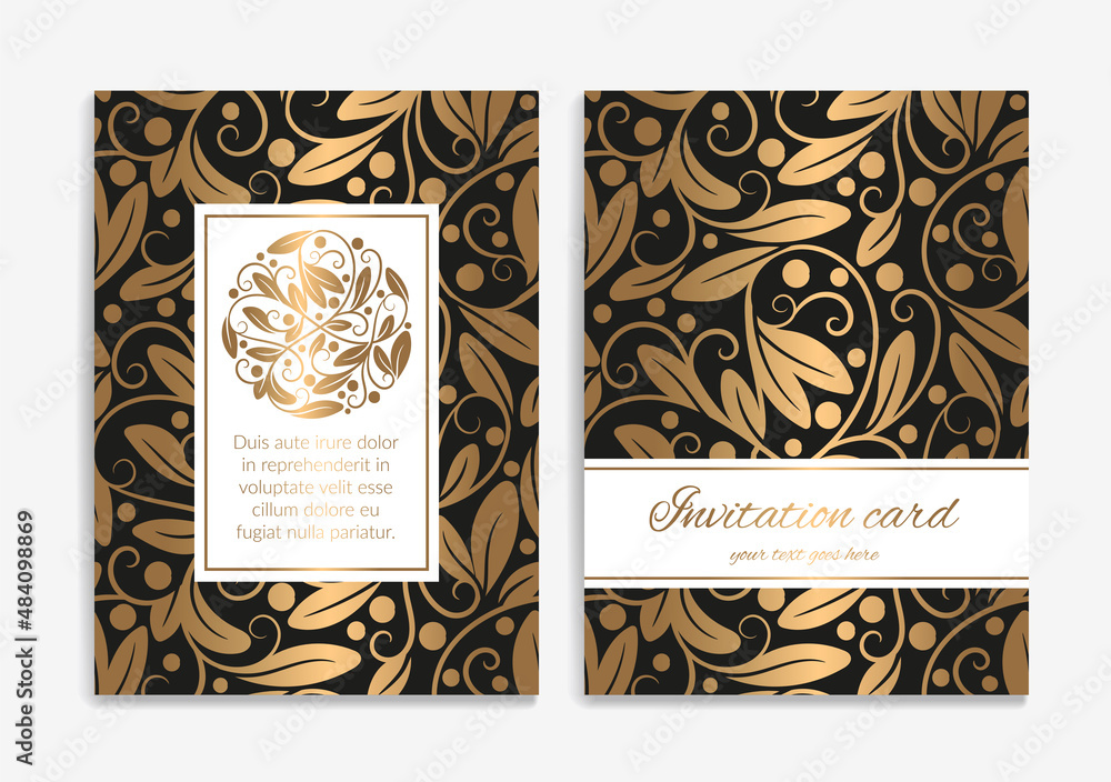 Black invitation card design with pattern and decorative golden ...
