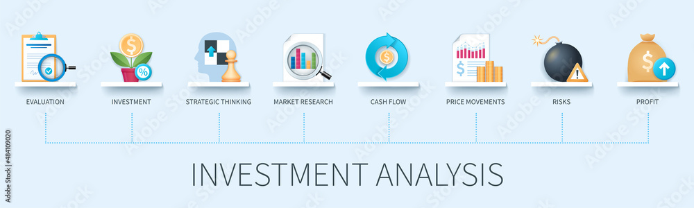 Investment analysis concept with icons. Evaluation, investment ...