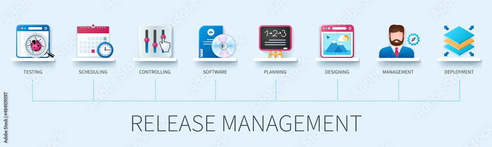 Release management concept with icons. Testing, scheduling, controlling ...