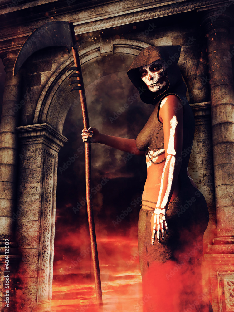 Fantasy lady death with a skeletal make-up holding a scythe and ...