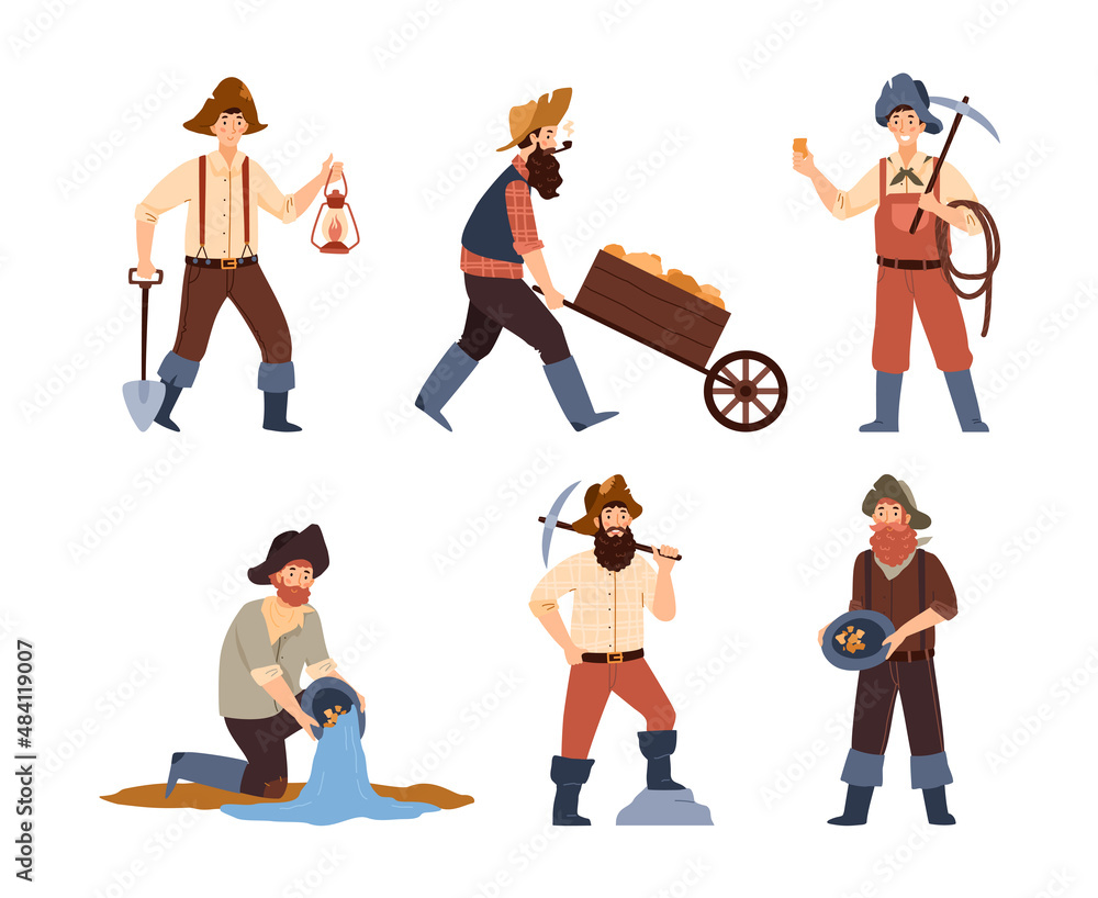 Characters of vintage gold diggers, hand drawn vector illustration ...
