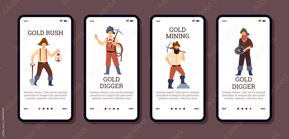 Set of UI designs for vintage gold mining industry - flat vector ...