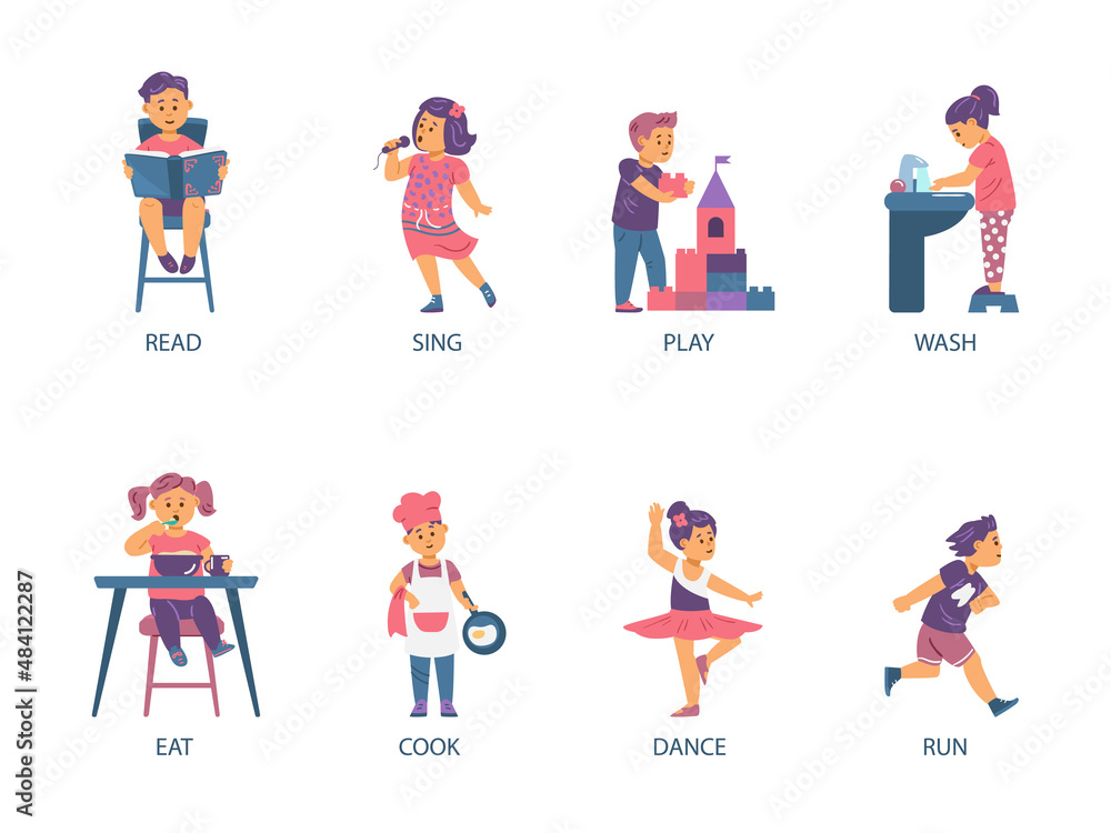 English verbs. Set of flat vector illustrations of kids with English ...