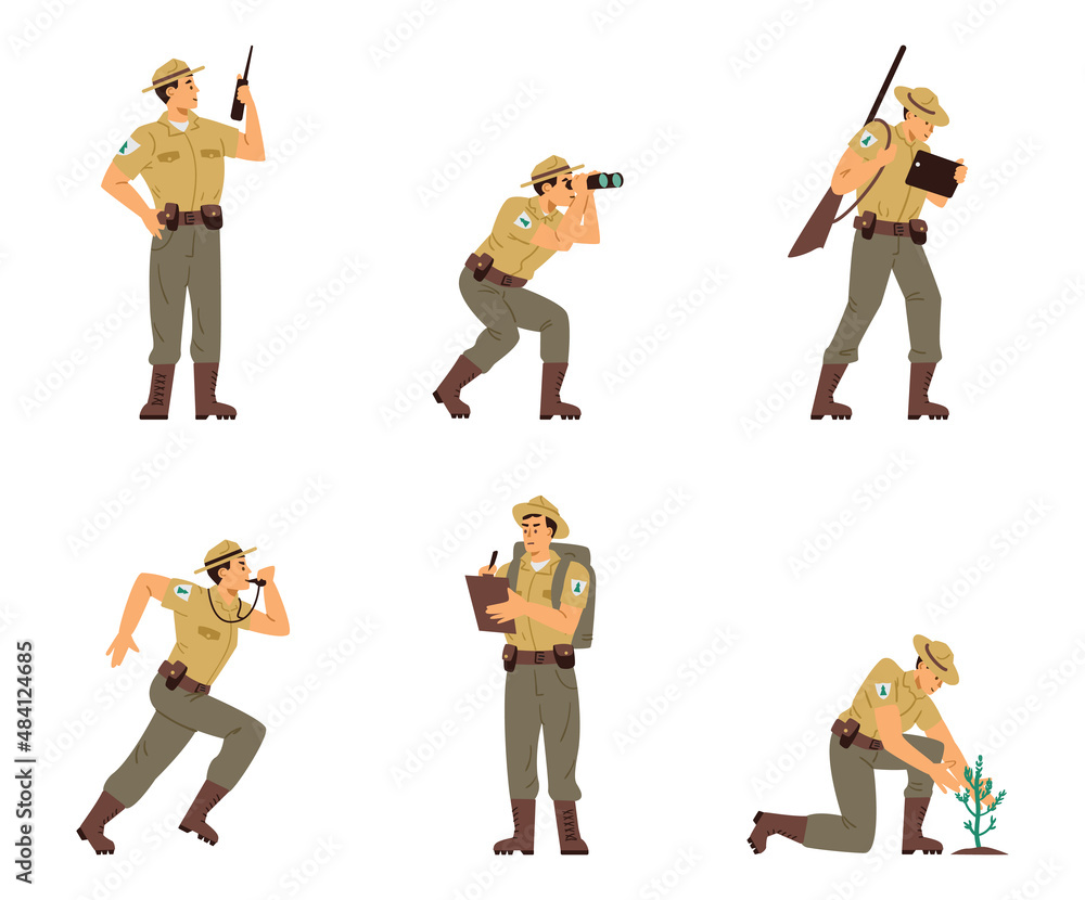 Set of characters of park or reserve ranger, flat vector illustration ...