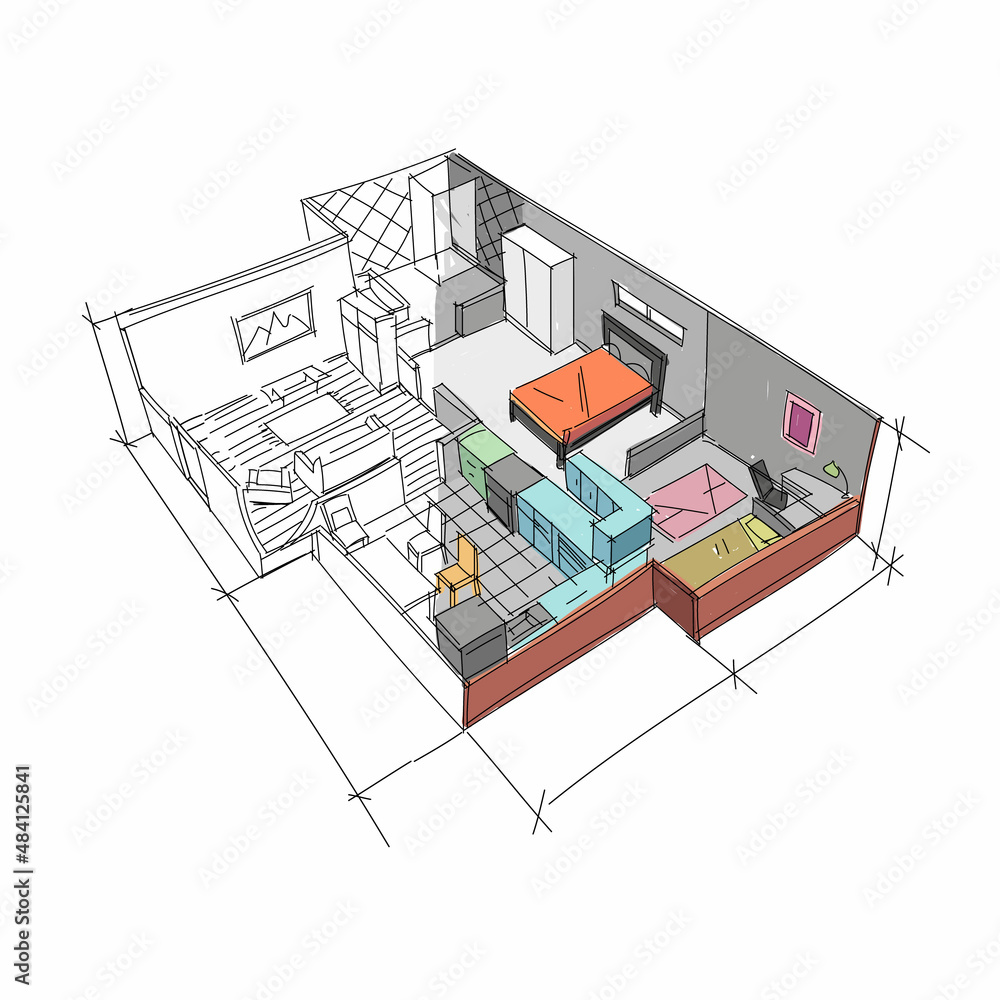 Interior sketch hand drawn. House plan, vector illustration Stock ...