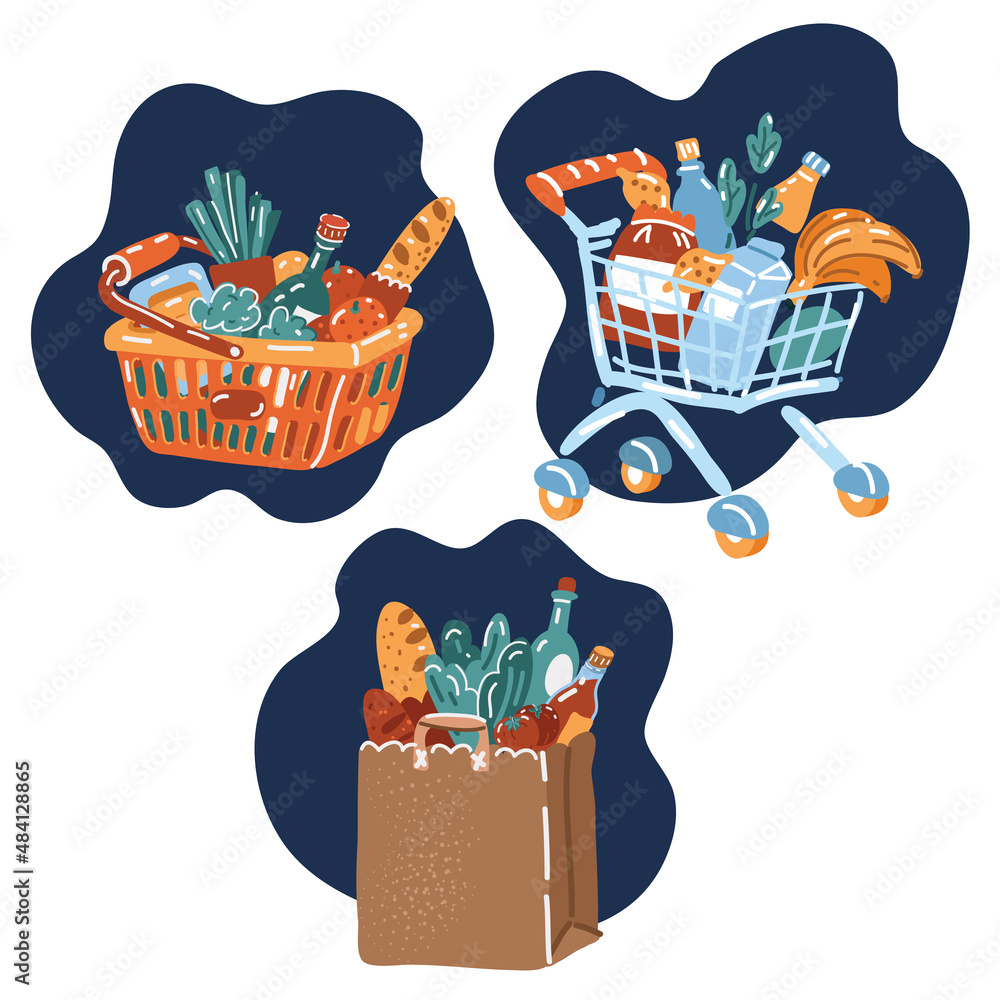 Vector cartoon illustration of Grocery bags set. plastic and paper ...