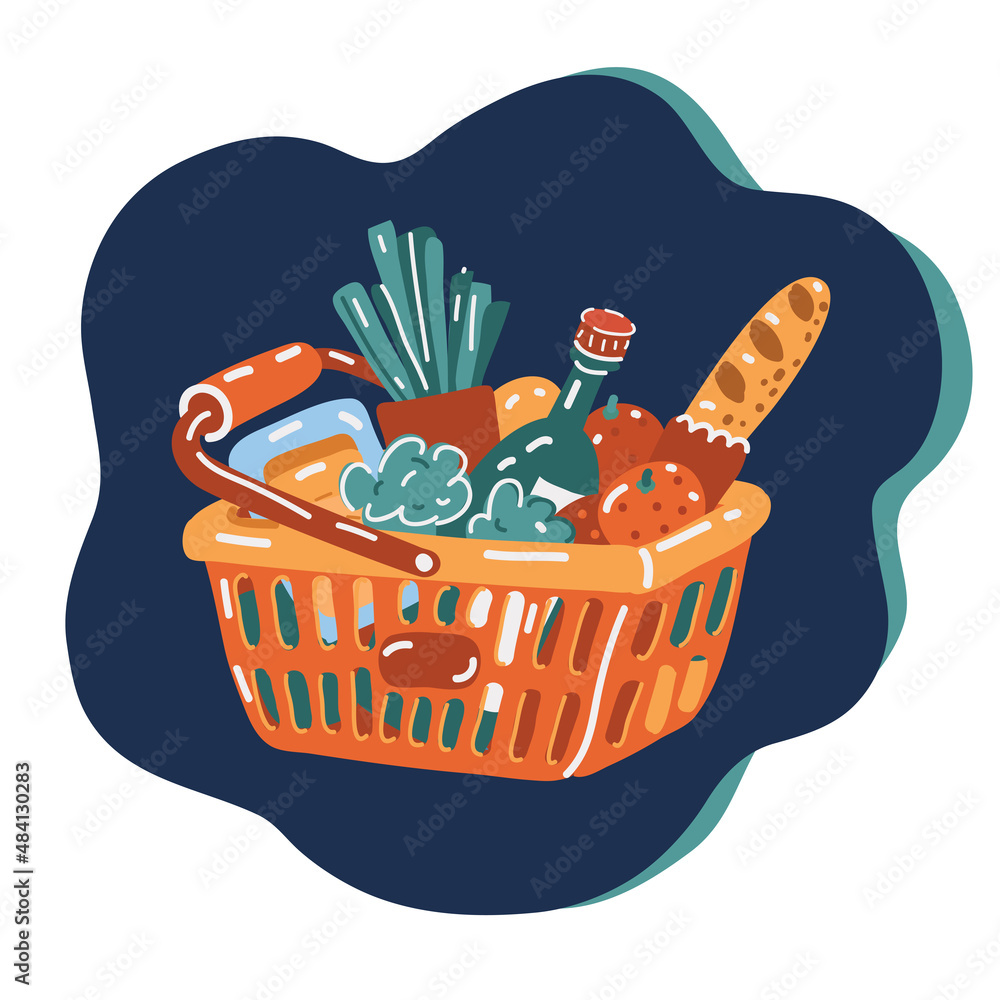 Cartoon vector illustration of shopping basket full of food including ...