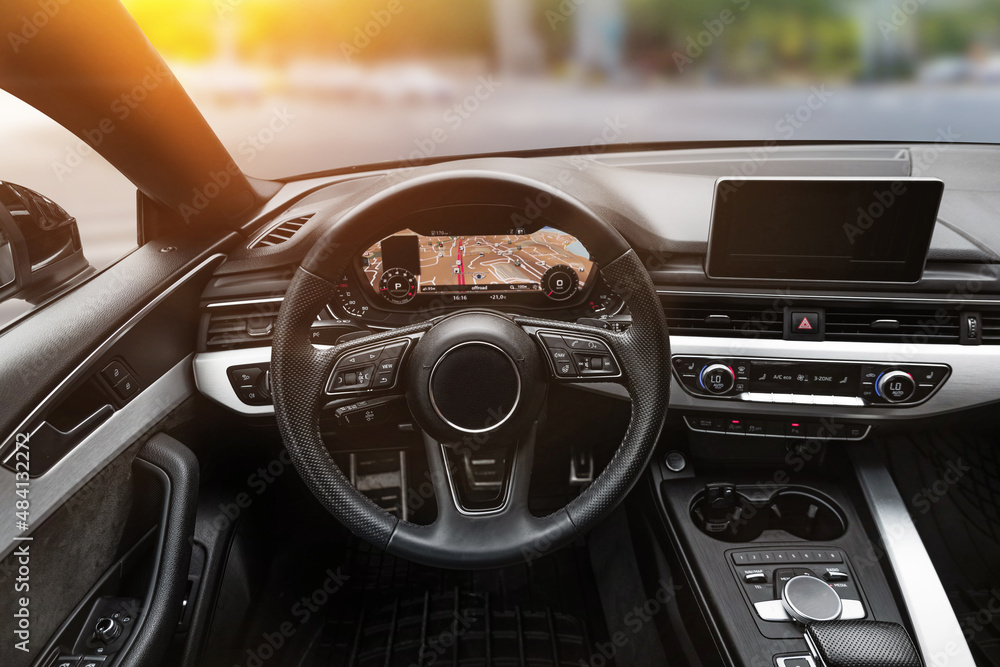 steering wheel close-up premium car. Leather interior of a business ...