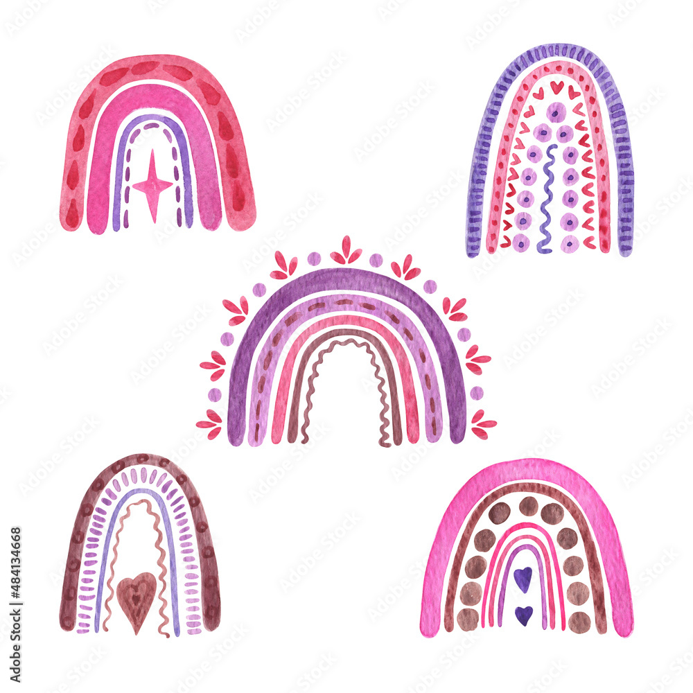 Pink, violet rainbows cute nursery watercolor simple illustration in ...