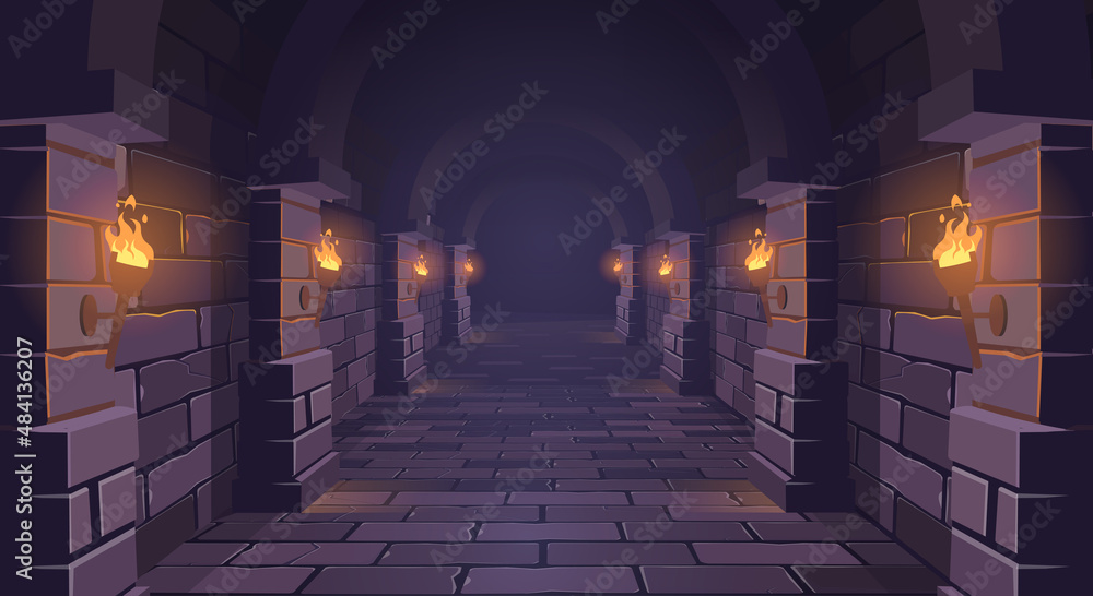 Dungeon. Long medieval castle corridor with torches. Interior of ...
