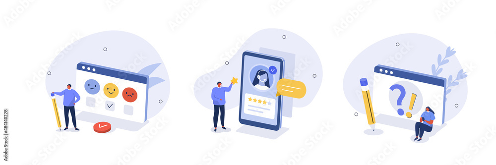 Feedback and review illustration set. People characters asking ...