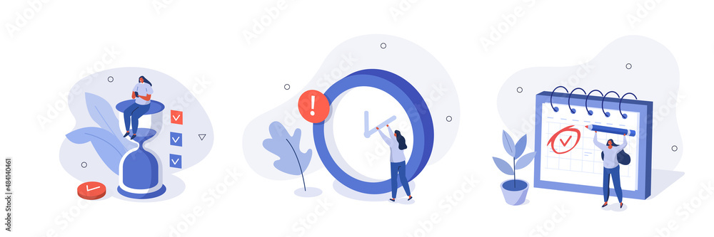 Business management illustration set. Characters planning schedule ...